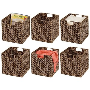 mDesign Natural Woven Hyacinth Cube Organizer Basket with Handles, Storage for Bathroom, Laundry Room Shelf or Nursery - Perfect for Cubby Storage Units - Hold Blankets and Books - 6 Pack, Brown Wash