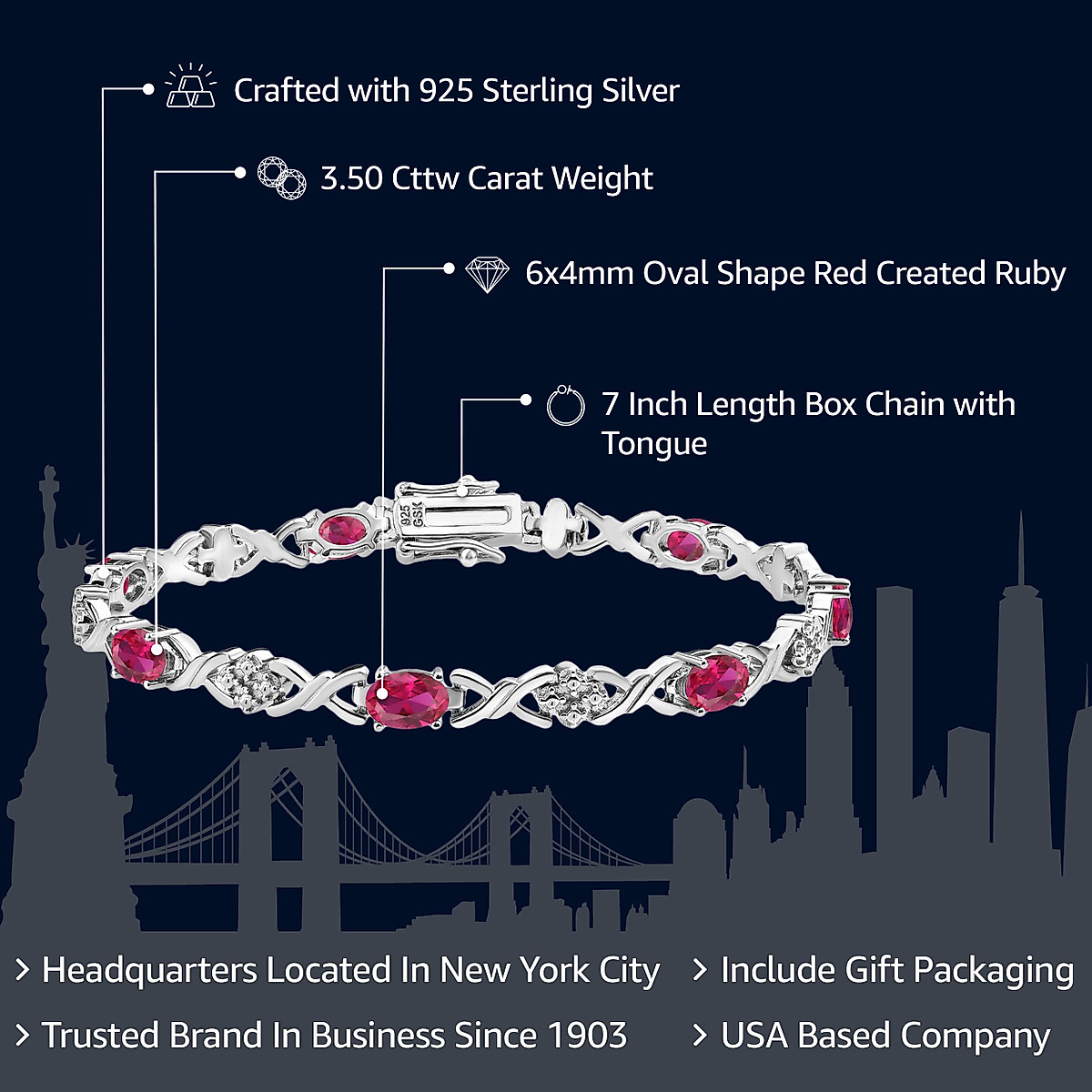 Gem Stone King 925 Sterling Silver Red Created Ruby Tennis Bracelet For Women (4.00 Cttw, Gemstone July Birthstone, Oval 6X4MM, 7 Inch)