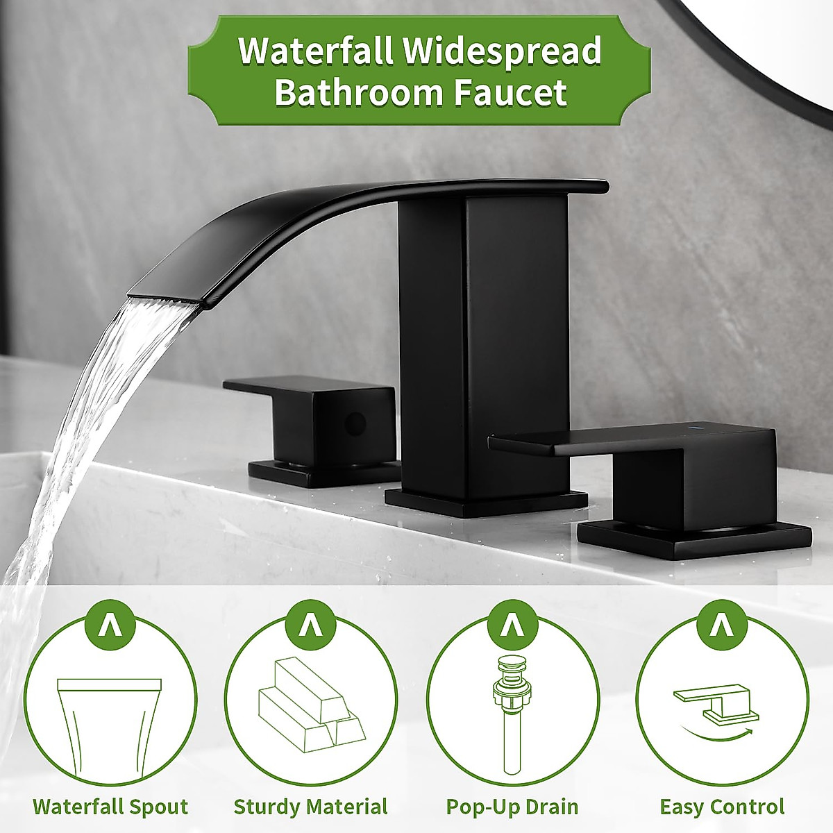 VIKASI Waterfall Bathroom Faucets for Sink 3 Hole Matte Black Bathroom Sink Faucet with Pop Up Drain 8 Inch Widespread Vanity Faucets Basin Faucet Modern Vanity Faucet 2 Handle Lavatory Faucet