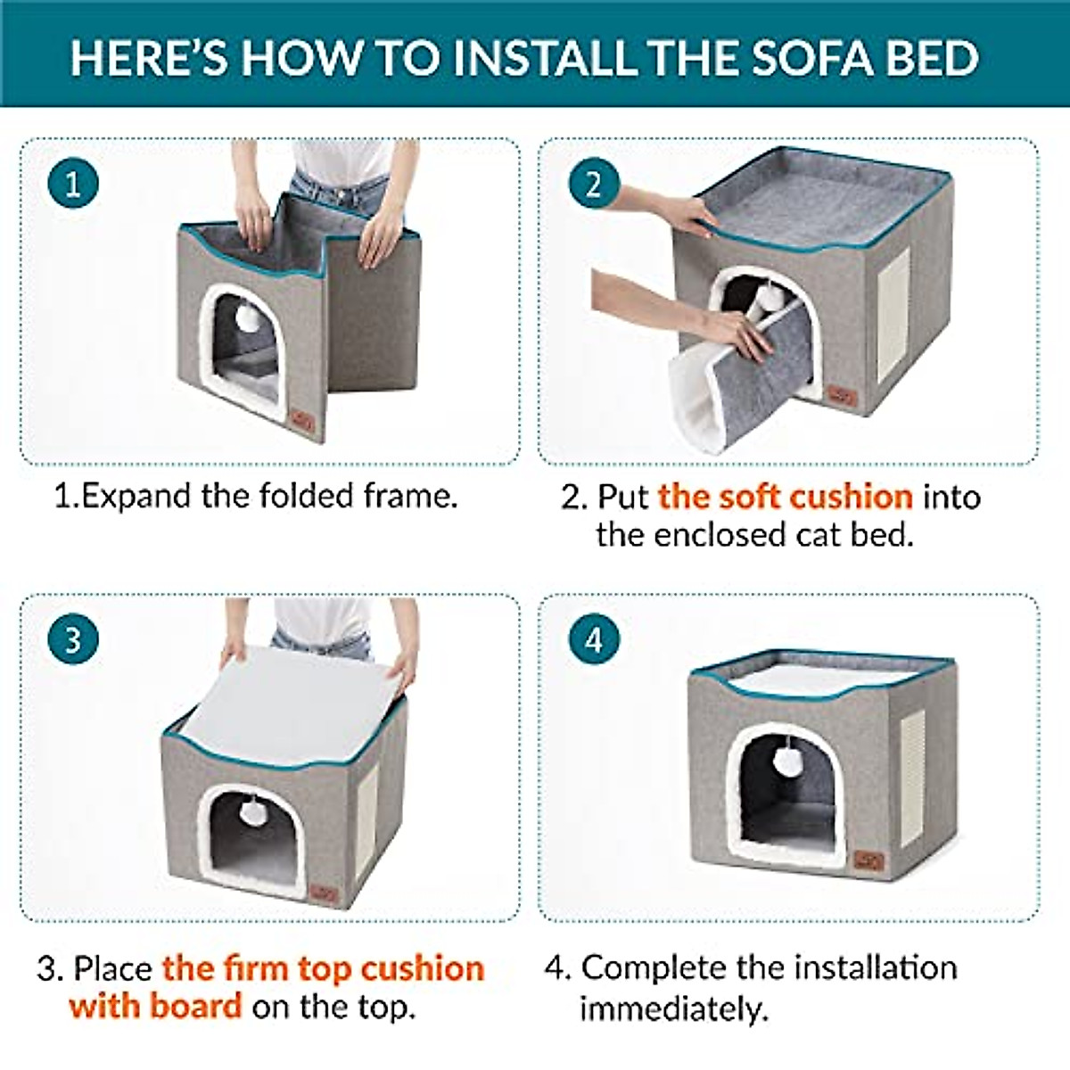 Bedsure Cat Beds for Indoor - Large Cat Cave for Pet House with Fluffy Ball Hanging and Scratch Pad, Foldable Hideaway,16.5x16.5x14 inches, Grey