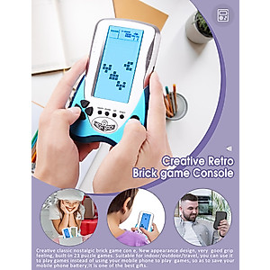 HLF New Retro Block Brick Game Console Large Screen Blue Backlight Brightness can be Adjusted Build in 23 Game Compatible with Lithium Battery/AAA Batteries can Plug in Headphone (Blue)