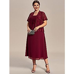 Ever-Pretty Plus Women's Curve Square Neck Lace Cardigan Chiffon Knee Length Plus Size Evening Dress Burgundy US22