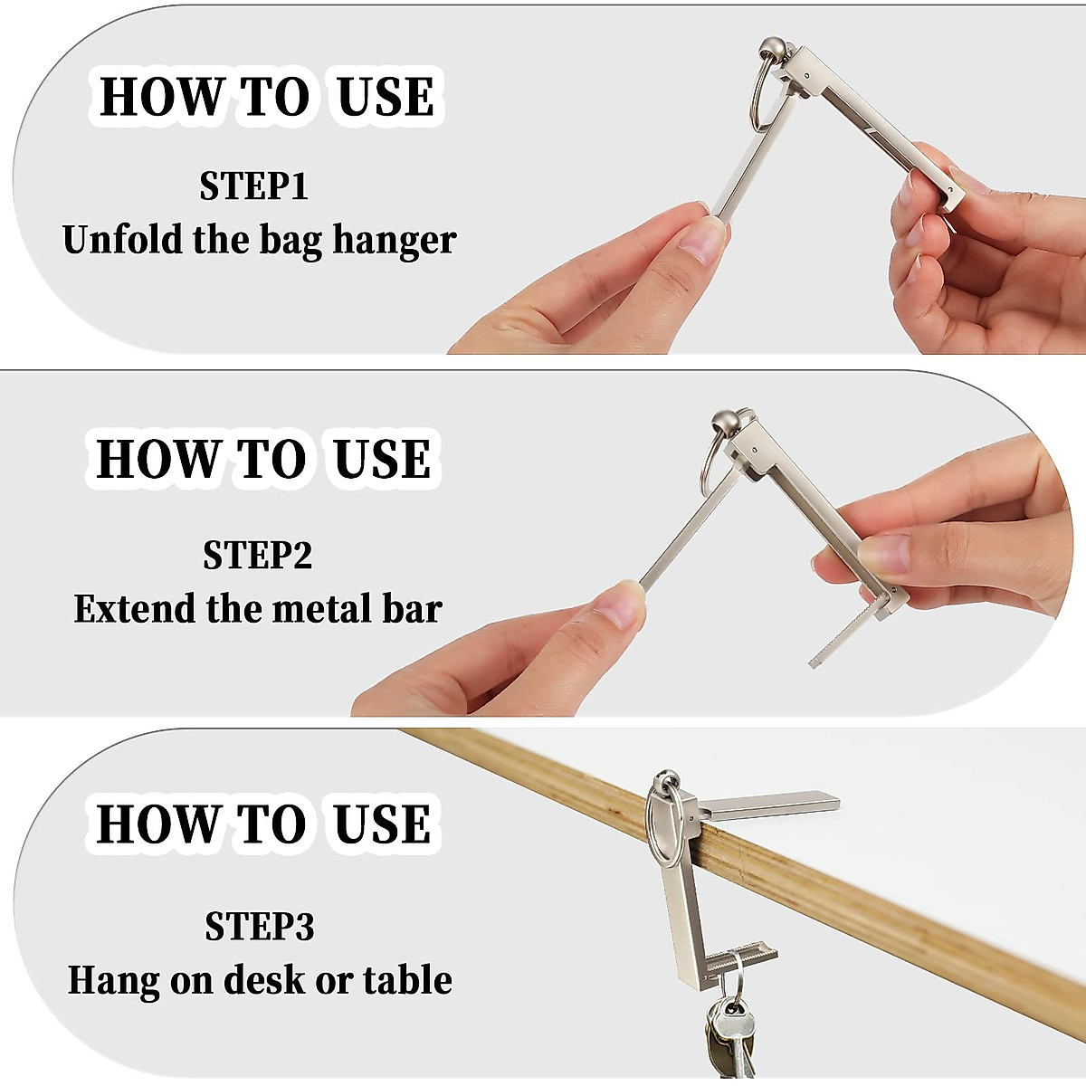 BULFULL Purse Hook for Table, Instant Bag Purse Hook Hanger Holder for Table Desk Folding Handbag Table Hook Hanger for Women Mobile Phone Stand Holder(Platinum)