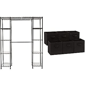 Amazon Basics Expandable Metal Hanging Storage Organizer Rack Wardrobe with Shelves, Bronze & Amazon Basics Collapsible Fabric Storage Cubes Organizer with Handles, Black - Pack of 6
