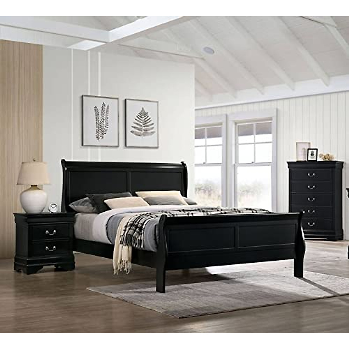 Epinki Full Size Bed Black Wood 1Pc Bed Bedroom Sleigh Bed, Bed Frame, Easy Assembly