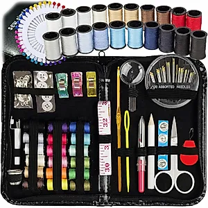 ARTIKA Sewing Kit for Adults and Kids (111 PCS) - Small Beginner Set w/Multicolor Thread, Needles, Scissors, Thimble & Clips - Emergency Repair and Travel Kits - Sewing Accessories and Supplies
