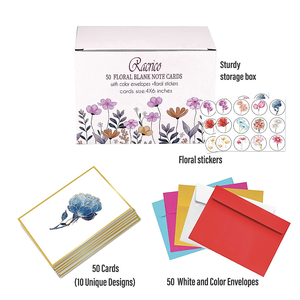 Racrico 50 Blank Note Cards and Envelopes,10 Gold Foil Designs Floral Blank Cards With Color Envelopes And Stickers, 4x6 Blank Note Greeting Cards Sets In Sturdy Bulk Box.