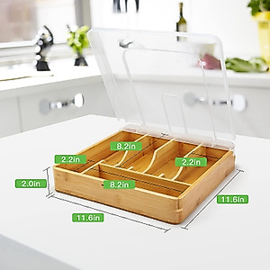 QINOL Silverware Tray with Lid, Utensil Drawer Organizer for Kitchen Countertop, Wooden Flatware Organizers and Storage Holder, Bamboo