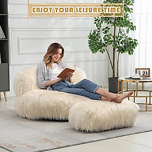 Fluffy Bean Bag Chair with Ottoman, Comfy Bean Bag for Adults and Kids, Ultra Soft Lazy Sofa Chair with Memory Sponge, Indoor Modern Accent Beanbag Chairs for Living Room, Bedroom, Apartment, Beige