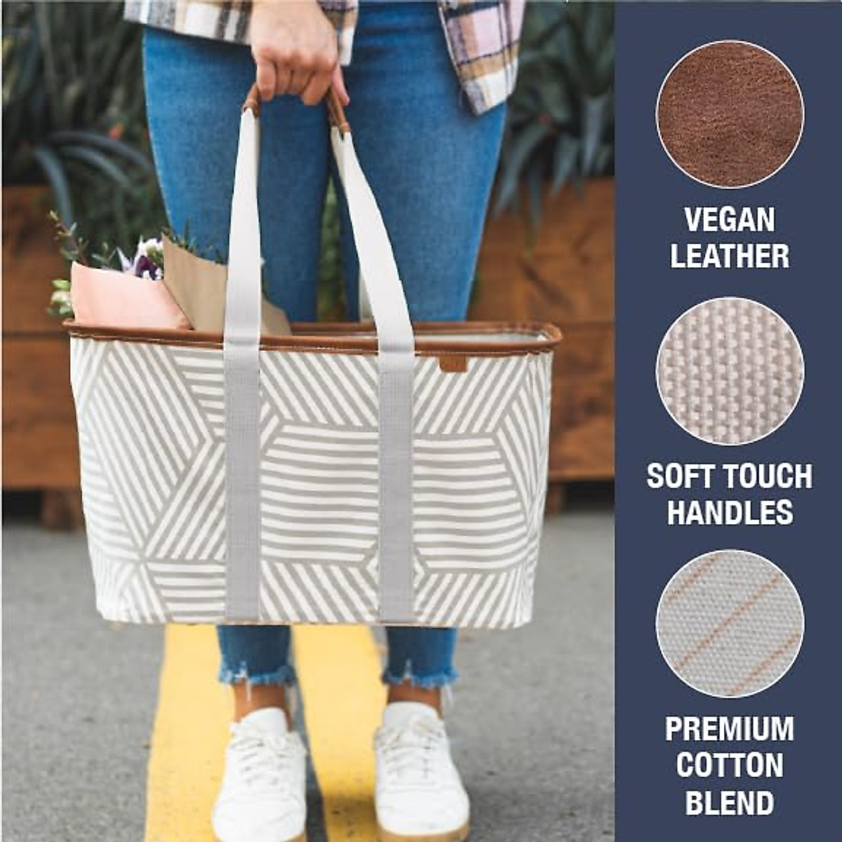 CleverMade Collapsible LUXE Tote, Geometric Taupe - 30L (8 Gal) Structured Tote Bag with Handles and Reinforced Bottom - Reusable Grocery Bag, Shopping Bag, Utility Tote Bag