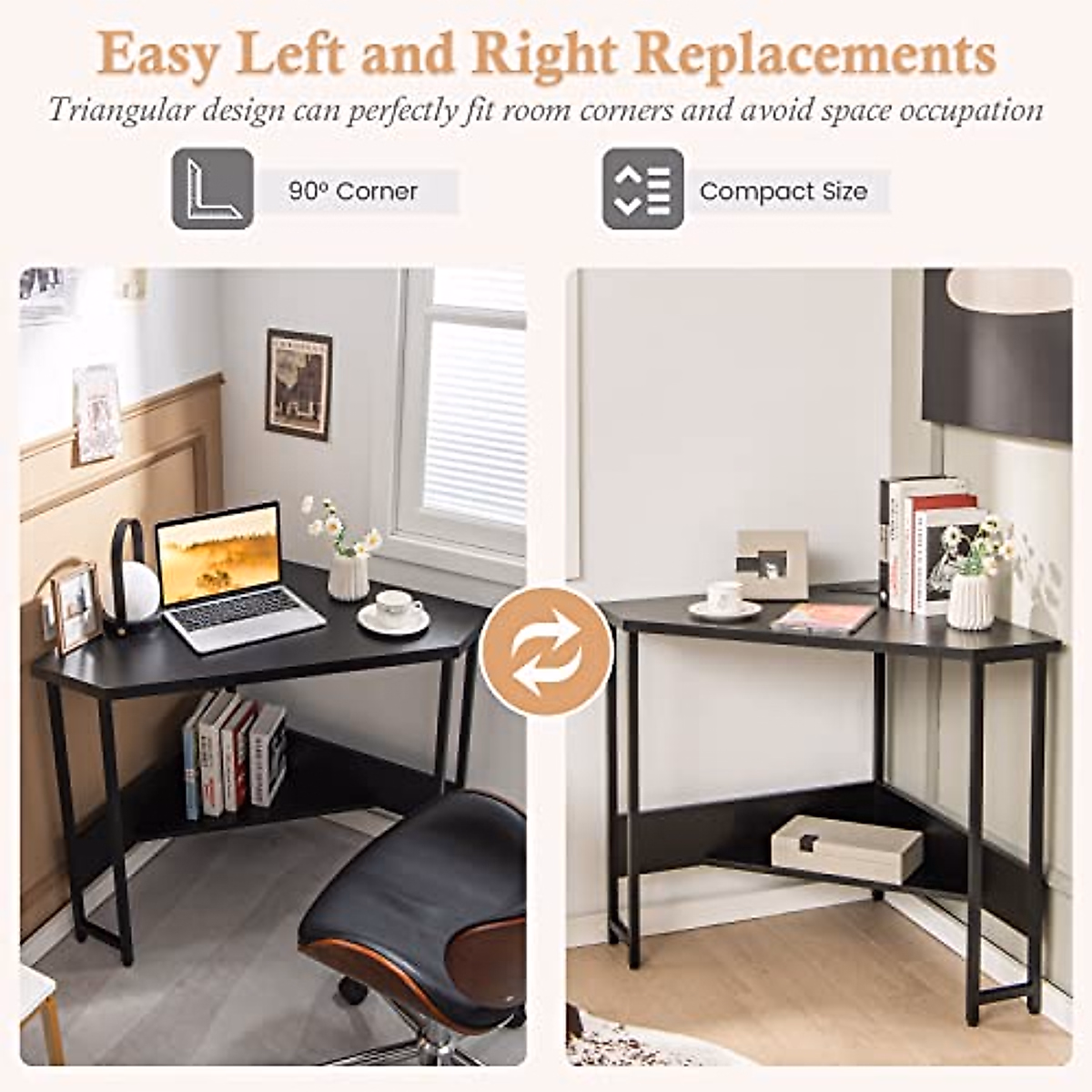 GOFLAME Corner Desk with Power Outlet, Triangle Computer Desk for Small Space, Space-Saving Writing Desk with Storage Shelf and Charging Station, Modern Laptop PC Desk for Home Office (Black)