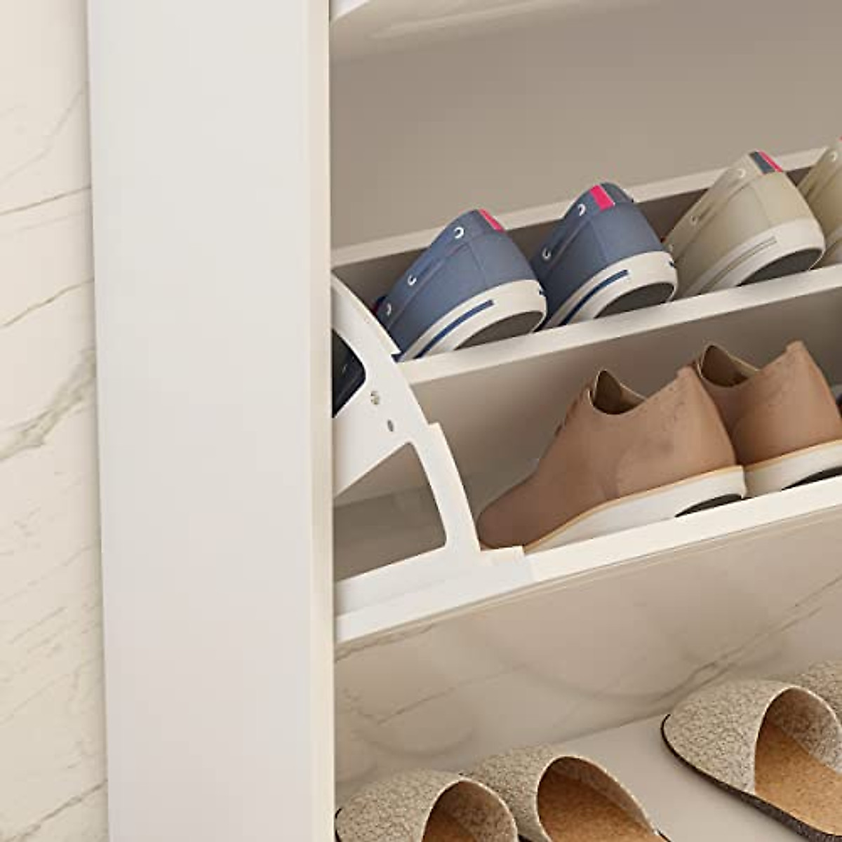 DiDuGo Shoe Cabinet with 2 Flip Drawers & Locker, Shoe Storage Cabinet with Drawer & Bottom Shelf, for Entryway Hallway White (35" W x 8.7" D x 47.2" H)