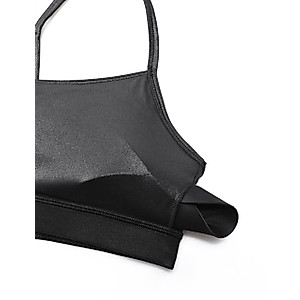 CRZ YOGA Butterluxe Womens Y Back Sports Bra - Padded Racerback Low Impact Spaghetti Thin Strap Workout Yoga Top Faux Leather Black Medium