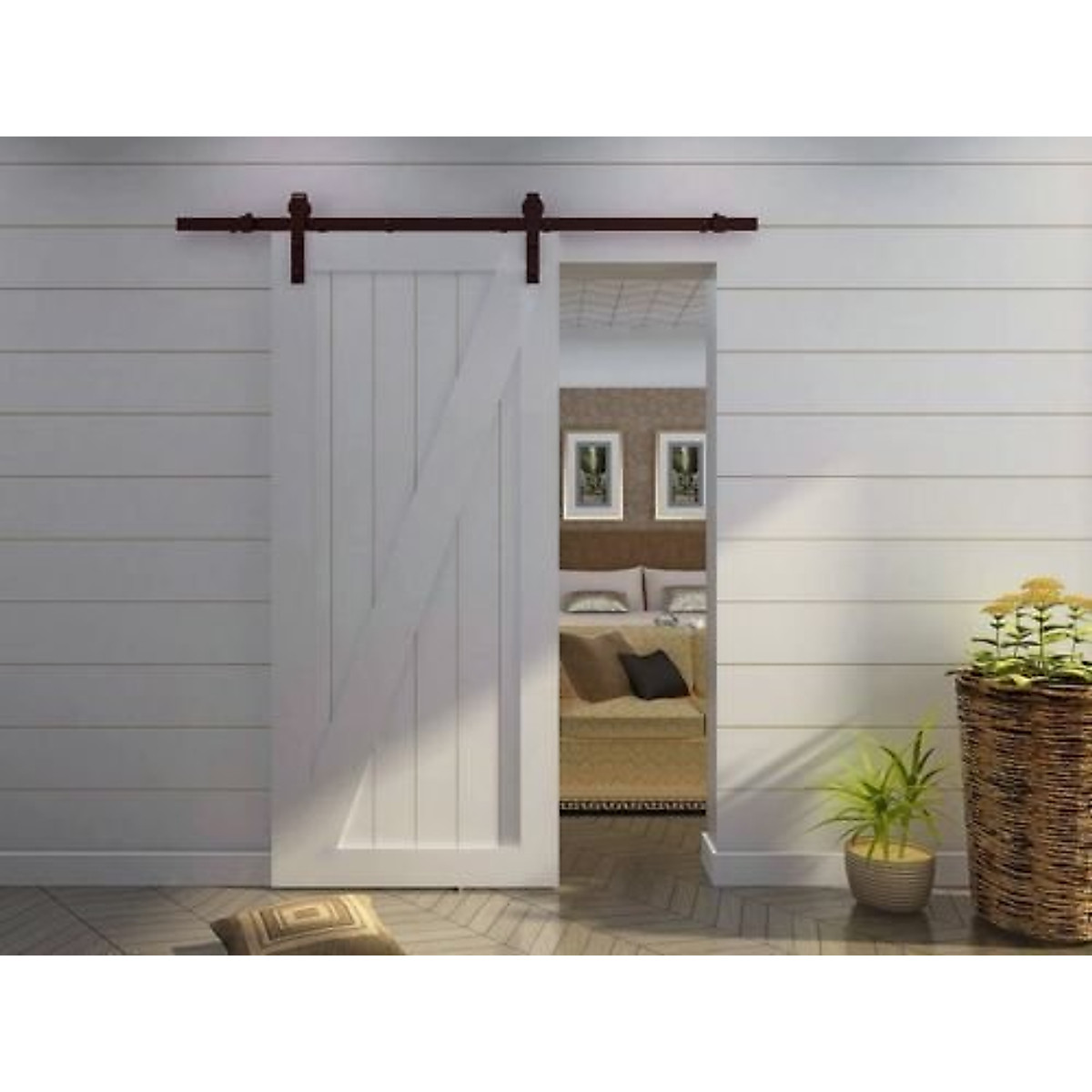 TMS 6.6 FT Country Dark Coffee Steel Sliding Barn Wood Door Hardware Antique