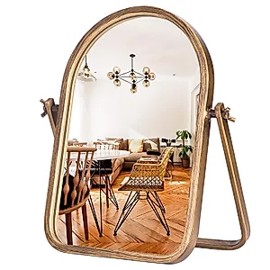 Geloo Vintage Vanity Table Mirror-Desk Makeup Mirror Golden Metal Framed Small Stand Mirrors 360 Adjustable Rotation for Tabletop,Office,Bedroom,Bathroom,Living Room,Antique 11.8'' x 7.8''