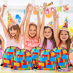 12PCS Building Blocks Drawstring Gift Bags,Building Blocks Drawstring Backpack Party Favor Bags,Kids Birthday Goodie Bags Candy Treat Gift Bags for Boys Girls Building Blocks Party Supplies,10x12 inch
