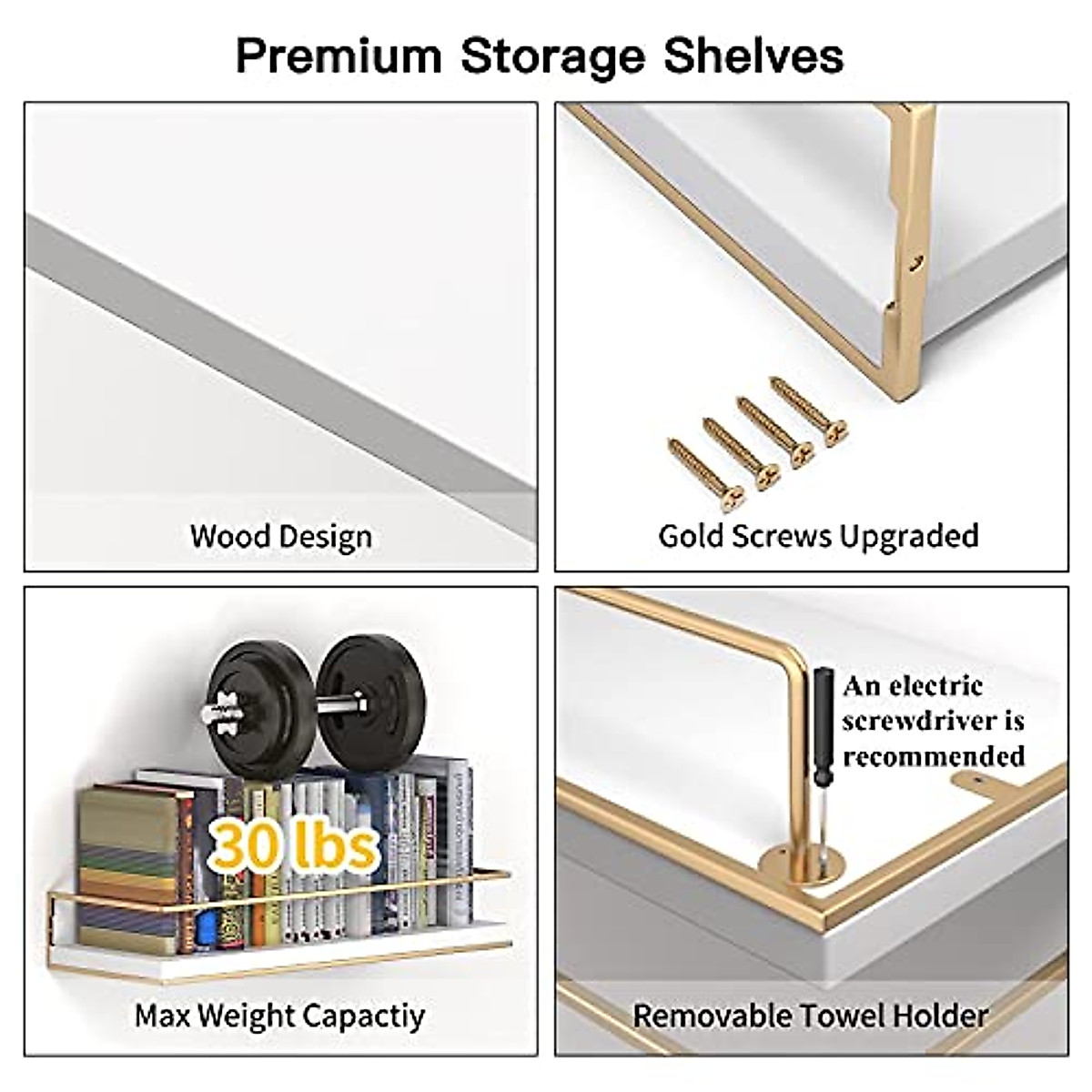 Shario White Floating Shelves - Set of 2, Wall Mounted Hanging Shelves with Golden Towel Rack, Decorative Storage Shelves for Bathroom, Kitchen, Living Room & Bedroom (White)