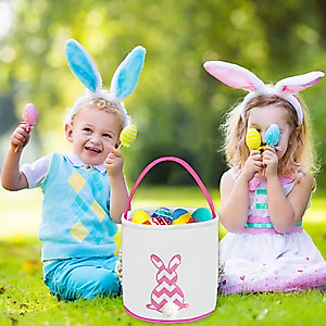 Easter Bunny Basket Bags for Kids, Easter Gift Bags Canvas Cotton Carrying Eggs Hunt Bag, Kids Bunny with Fluffy Tails Tote Bag for Easter Decorations-Pink