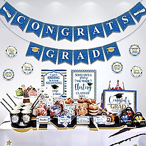 2022 Graduation Candy Bar Buffet Decorations Congrats Grad Kit Congrats Grad Banner Graduation Dessert Table Signs Folding Food Label Tent Cards Set Graduation Cup Tags for Graduation Party (Blue)