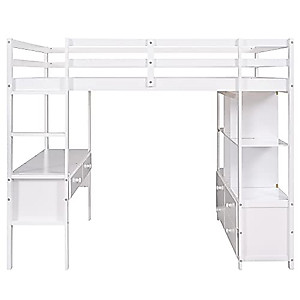 Quarte Multifunctional Full Size Solid Wood Loft Bed with Built-in Desk and Two Drawers,Storage Shelves,Guardrail and Built in Ladder,for Kids,Teens,Adults (White#L)