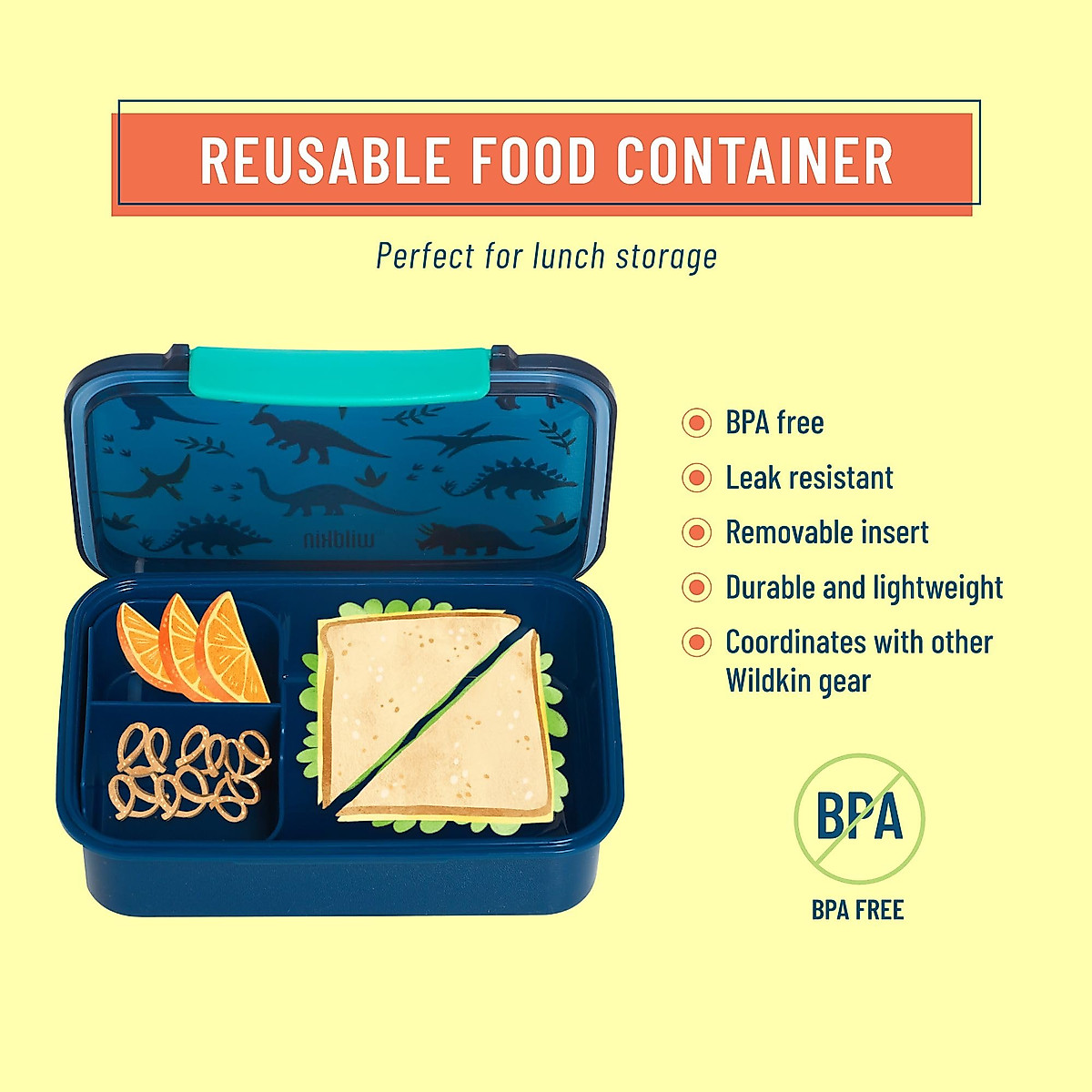 Wildkin Reusable Food Container for Kids – Airtight, Leak Resistant, Dishwasher Safe - Jurassic Dinosaurs