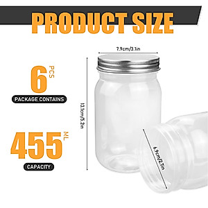 FIREBOOMOON 6 Pack 16 Ounce Clear Plastic Mason Jars Containers With Screw Sealing Metal Tinplate Lids,Refillable Empty PET Plastic Slime Candy Storage Jars Containers for Home Kitchen Art Craft