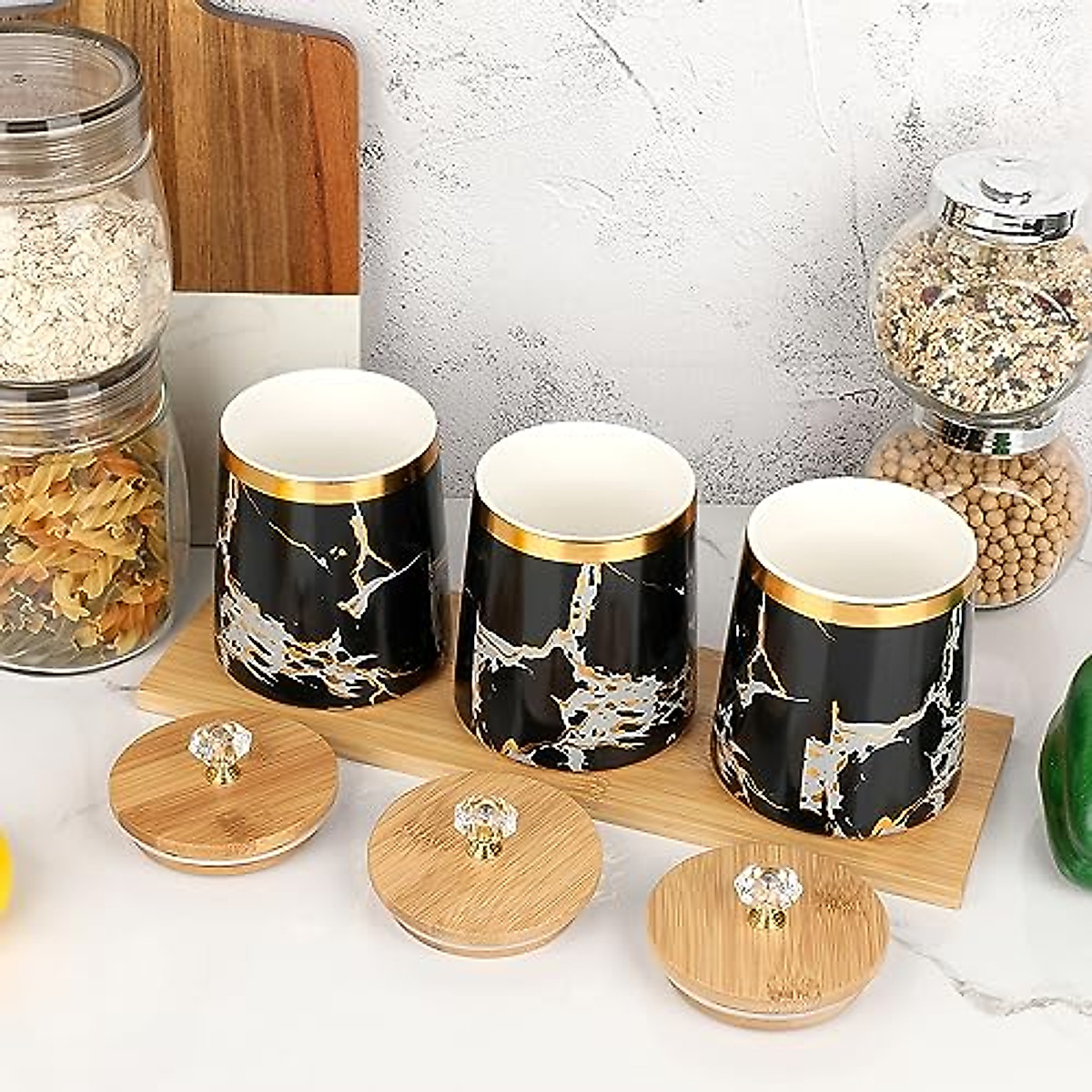 JUXYES Set of 3 Canisters Set for Sugar Coffee Tea with Airtight Lid, Ceramic Storage Containers Sets Black Storage Pots with Tray Storage Jar Decorative Canisters Sets for for Kitchen Counter
