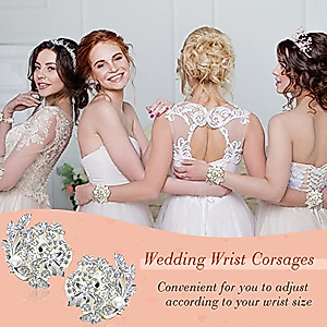 MTLEE 2 Pieces Rhinestone Wrist Corsage Wristlet Bracelet Silk Wrist Flower with Peal and Diamond for Wedding Bridesmaid Bridal Shower Prom Party(Silver Ivory)