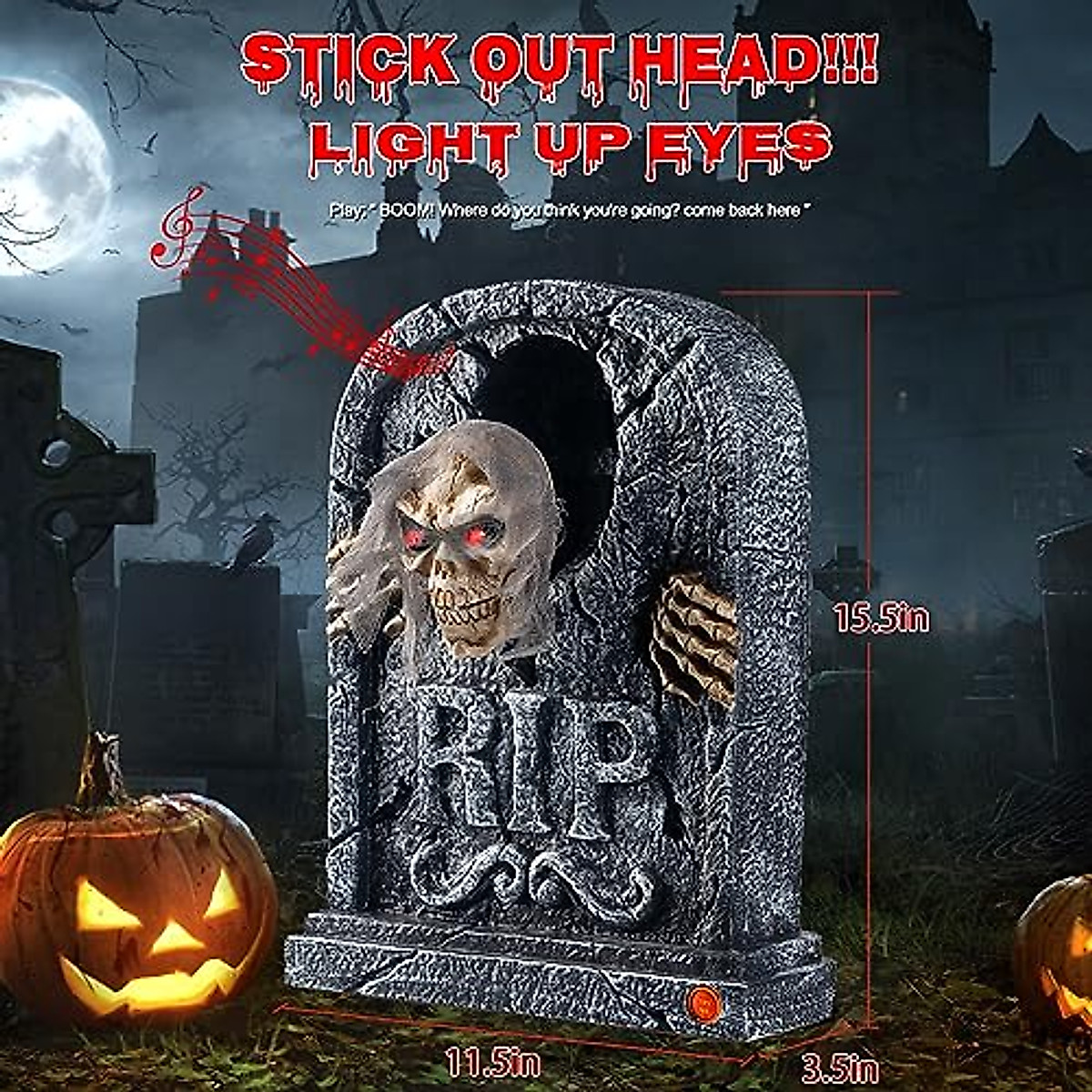 Halloween Zombie Tombstone Animated Skeleton Decorations Yard Decor Motion Sensor Activated, Creepy Voice, Spooky Skull Head, Light Up Eyes, Scary Haunted Prop