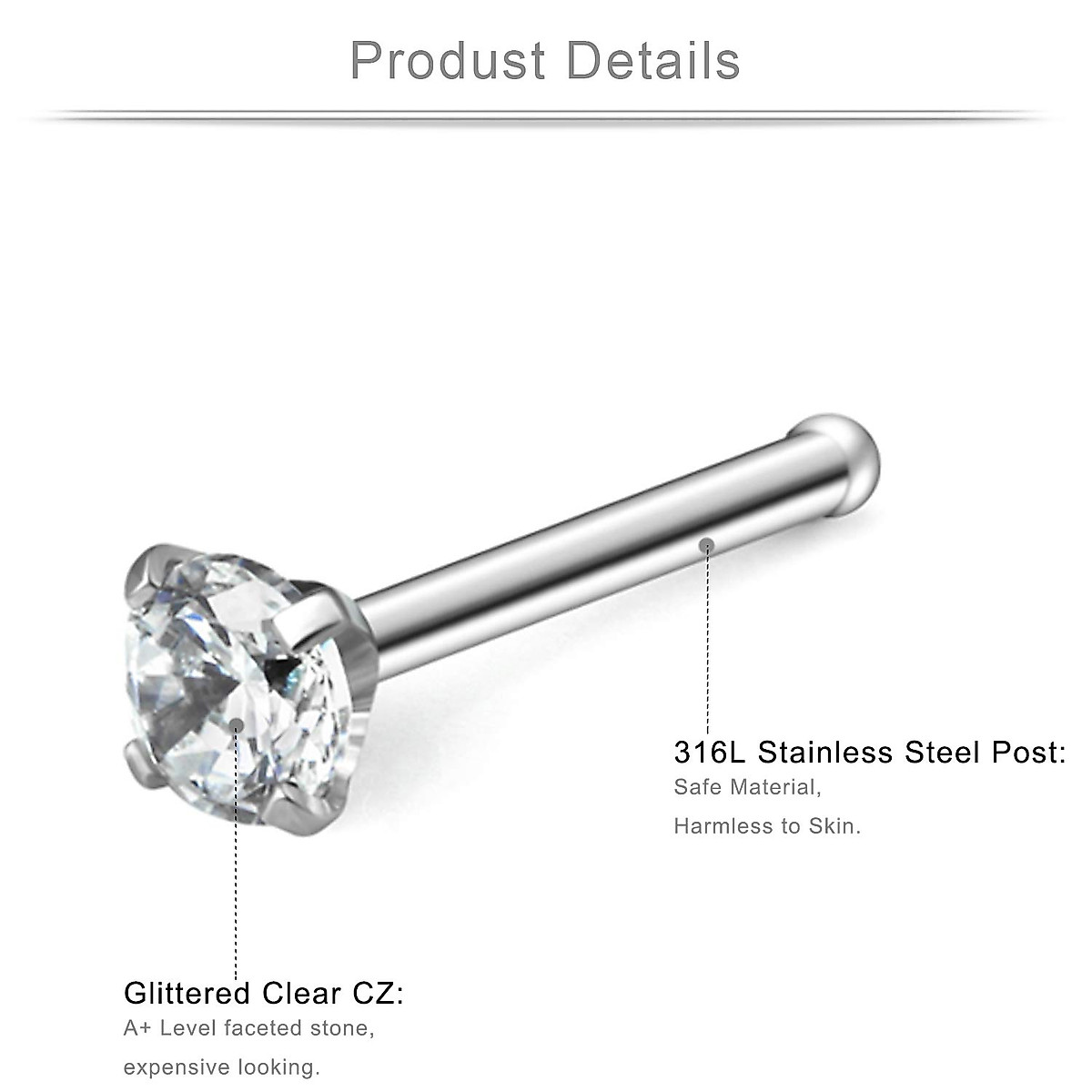 Ruifan 18PCS 22G Surgical Steel Mix Color Diamond CZ Nose Stud Rings Bone Pin Piercing Jewelry 1.5mm