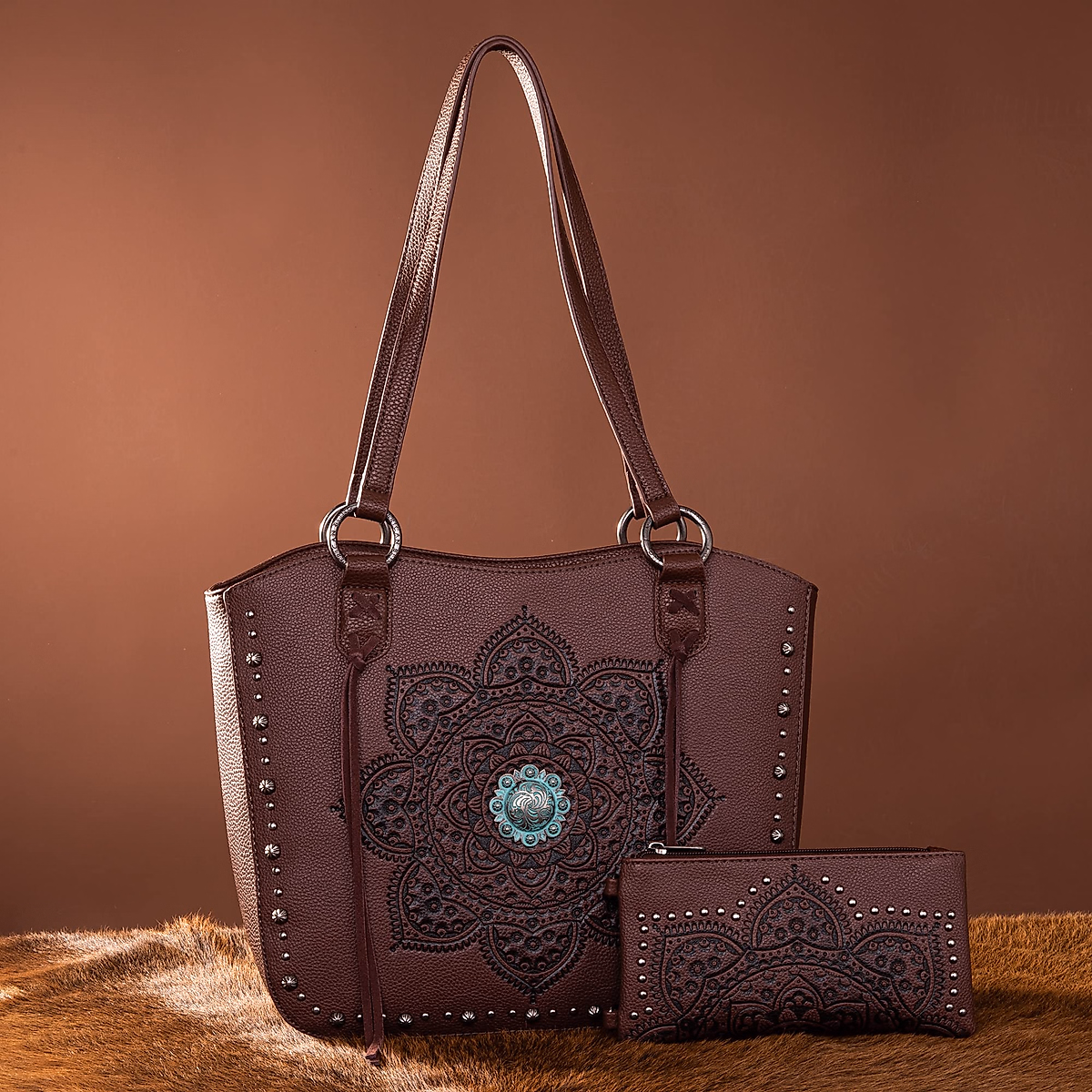 Montana West Western Tooled Tote Bag for Women Mandala Pattern Shoulder Top Handle Handbag Studded Purse with Wallet Set MWC-144W-CF