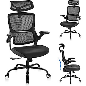 Office Chair Ergonomic Desk Chair - PU Leather Cushion Mesh High Back with Lumbar Support Computer Chair, Adjustable Flip Up Arms, Home Office Desk Chair