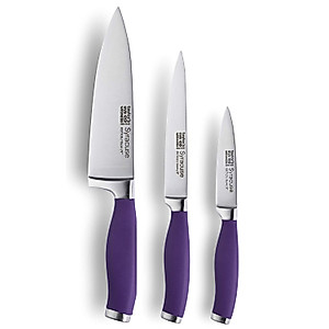 Taylors Eye Witness Syracuse Kitchen Knife 3pce Set - Paring 8cm/3.5”, Chefs 15cm/6” & Cooks All Purpose 13cm/5” Cutting Edge. Ultra Fine, Razor Sharp Blade. Soft Textured Grip Purple Colour Handle