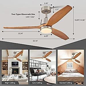52" Ceiling Fan with Lights Remote Control, Wood Ceiling Fan with 3 Blade & 4 Down Rods Outdoor Ceiling Fan with Remote, Dimmable LED Light, Noiseless Reversible DC for Patio Living Room, Summer House