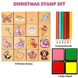Zayvor Kids Stamps Set, Girls Wooden Rubber Stamp with Ink Pad Colored Pencil, Holiday Square Craft Stamp for Stamping Scrapbooking Crafting Booking Card Making Stocking Filler,Party Favor Gift