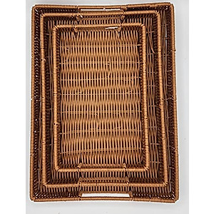 Set of 3 Rectangle Rattan Serving Tray - Large, Regular and Small Hand Woven Wicker Baskets with Handles - Breakfast Drinks Coffee Snack Fruit Storage Platter Trays - Tabletop Organizers Home Decor