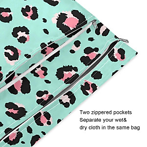 Waterproof Wet Dry Bag 2 Pack Animal Leopard Print Cloth Diaper Bag Organizer Pouch Set with Zipper Pocket Washable Wet Bag for Travel Hiking Swimsuit