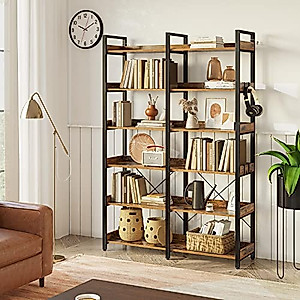 Seventable Bookshelf 6 Tier with 4 Hooks, 69” Industrial Wooden Bookcase, Vintage Storage Rack with Open Shelves, Rustic Standing Bookshelves Metal Frame 47.3” Wide Display Rack, Rustic Brown