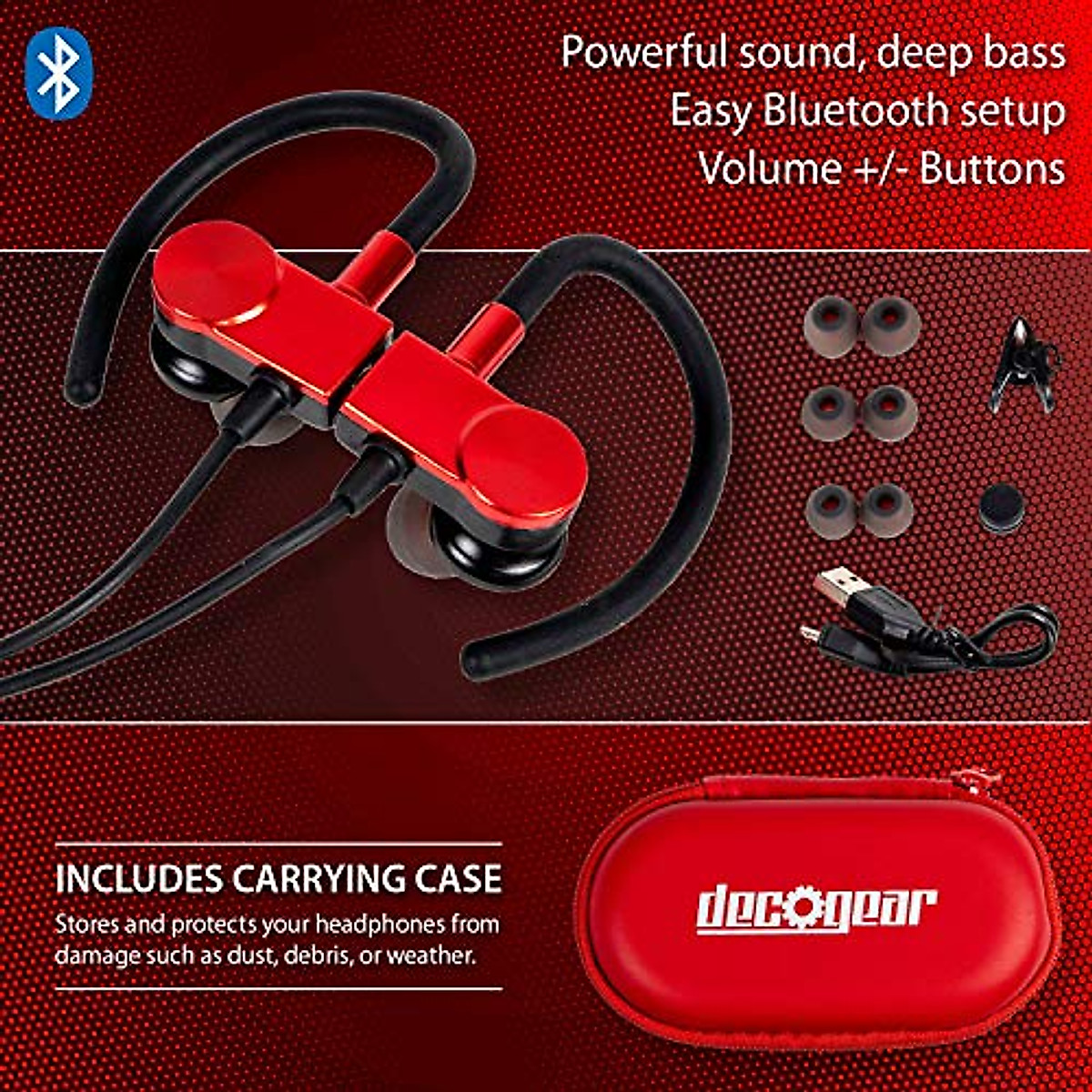Deco Gear Magnetic Bluetooth Wireless Sport Hi-Fi Earbud Headphones - Red - with Built in Clear Call Microphone & Playback Controls + Carry Case
