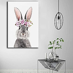 Canvas Painting Posters and Print Bunny Print Nursery Rabbit Bunny Portrait Easter Bunny Wall Art Bunny With Flower Crown Bunny Art Bunny With Flowers Kitchen Dining Room Wall Decor 16x24inch-without Frame