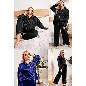 SWOMOG Plus Size Pajamas Long Sleeve Pajama Set Silk Pj Set Button Down Sleepwear Bridesmaid Pjs Satin Pajama Set 18W Black