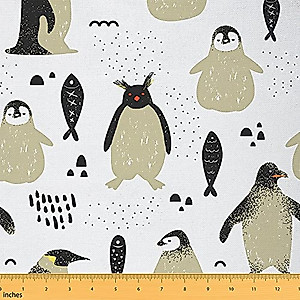Penguin Fabric by The Yard, Fish Upholstery Fabric, Cartoon Cute Antarctica Animals Wildlife Decorative Fabric, Abstract Safari Halloween Horror Penguins Indoor Outdoor Fabric, Black Green, 1 Yard