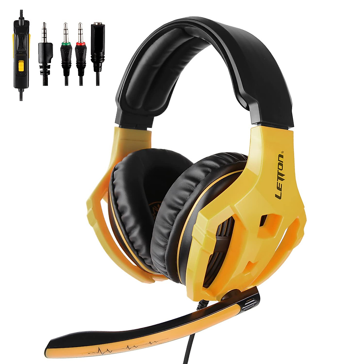 LETTON Gaming Headset L7 Updated 3.5mm Multi-Platform Stereo Sound PC, Over-Ear Gaming Headphones with Mic Compatible with New Xbox one PS4 PC Laptop Mac iPad iPod(Black&Yellow)