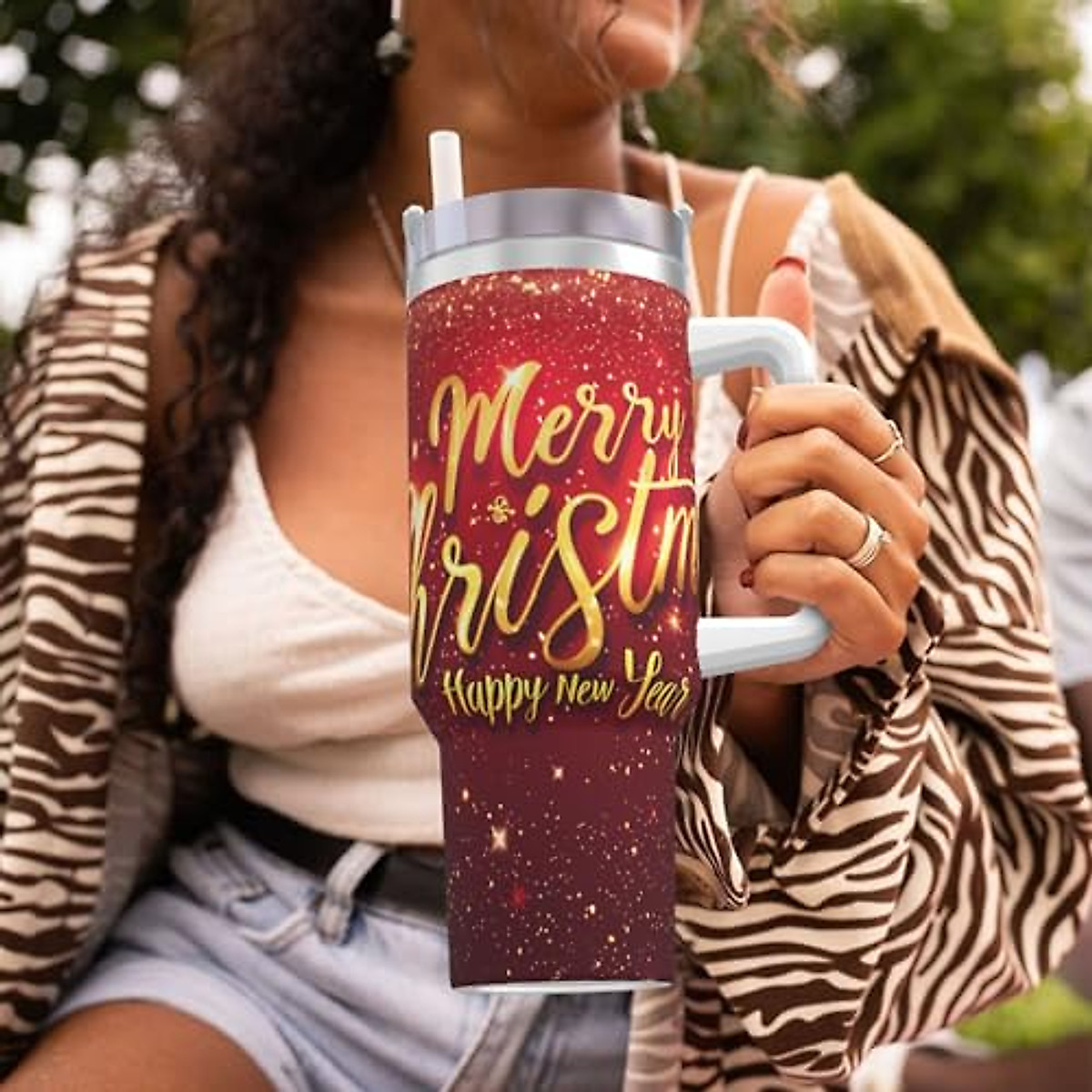 deaokluy 40 OZ Christmas Ice Bully Cup with Handle Straw Lid, Double Wall Stainless Steel Tumbler Travel Coffee Cup, Merry Insulation and Cooling Cup for Christmas Birthday Present