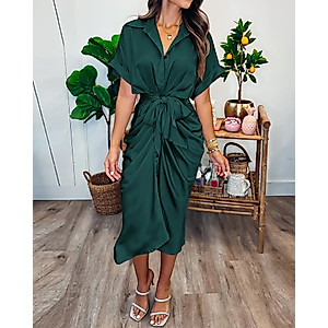 BTFBM 2024 Women Button Down Ruched Shirt Dresses Short Sleeve Lapel V Neck Elegant Party Spring Summer Maxi Satin Dress(Short Sleeve Dark Green, Medium)