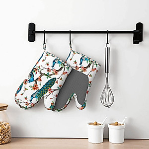 Oven Mitts Heat Resistant Silicone and Polyester Peacock On Flowering Tree Cherry Print Kitchen Mitts Thick Oven Gloves for Cooking, BBQ, Baking, Grill, Pizza Pair