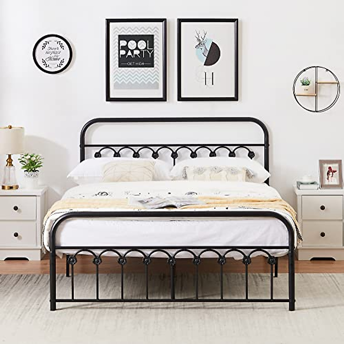 VECELO Bed Frame, Queen Size Metal Platform with Headboard & Footboard, Premium Steel Slat Support Mattress Foundation,No Box Spring Needed
