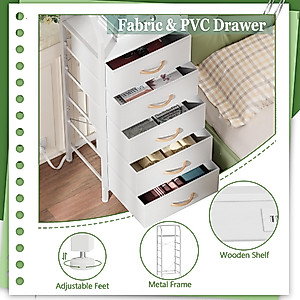 Furnulem 5 Drawers Dresser with Charging Station, Tall Night Stand with Open Shelf, Storage Tower with PVC & Fabric Drawer, Bedside Table for Bedroom, Closet, Entryway, 3 Ways to Use, White