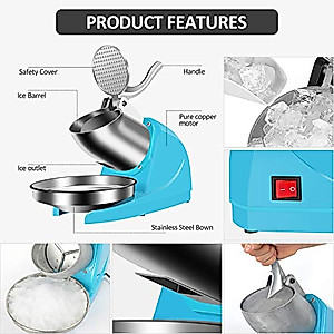 RRH Electric Ice Crusher - Stainless Steel Blade Shaved Ice Machine Snow Cone Maker - Cool Summer Ice Shaver, 110V, 220lbs/hr, Blue
