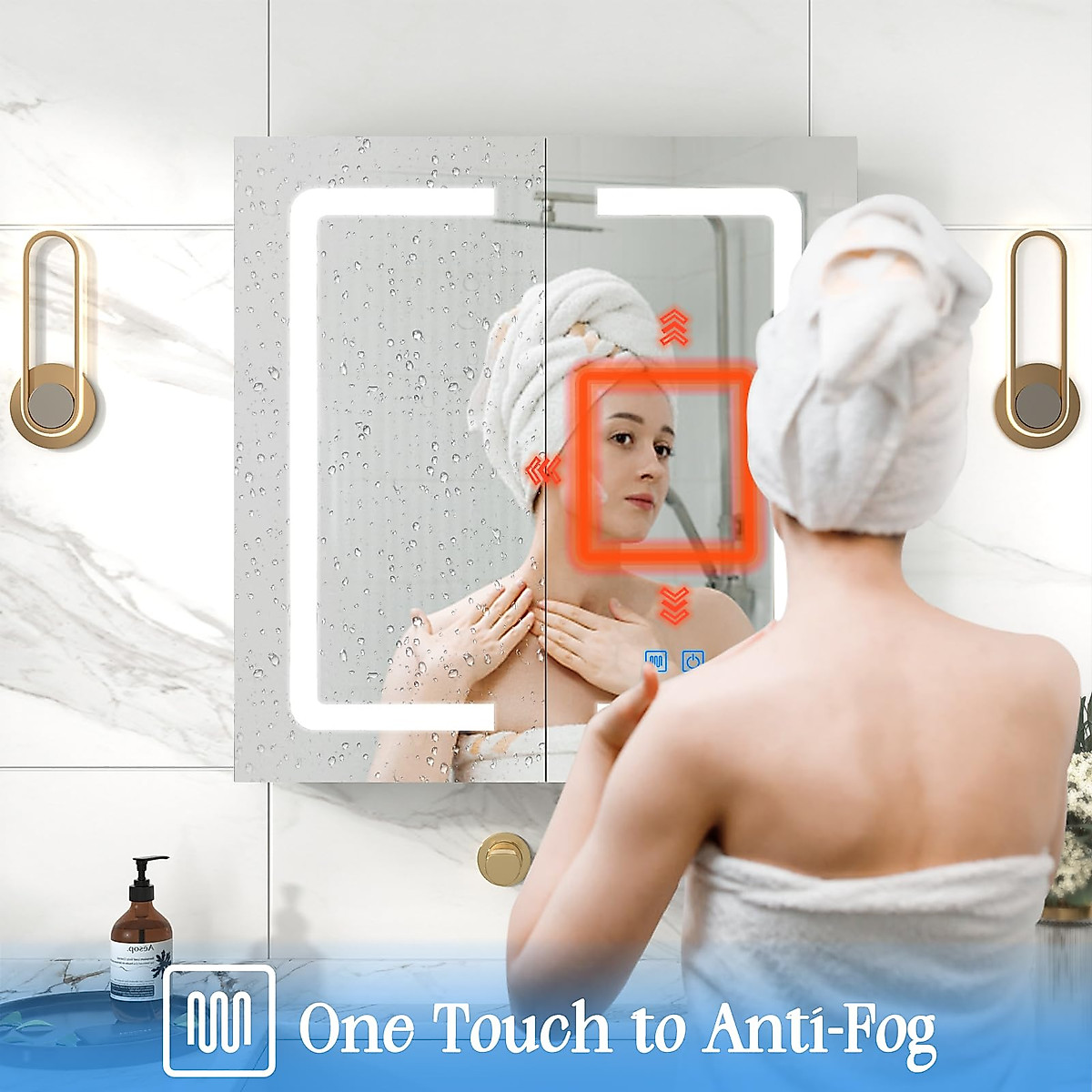 LALAHOO Bathroom Medicine Cabinet with Mirror, 23.6” x 24.5” Medicine Cabinets with Lights, Medicine Cabinet Mirror, Lighted Medicine Cabinet,Defog,3-Color Temper Change,Shelf